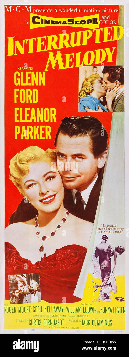 INTERRUPTED MELODY, top and inset and center l-r: Eleanor Parker, Glenn Ford on poster art, 1955 ...