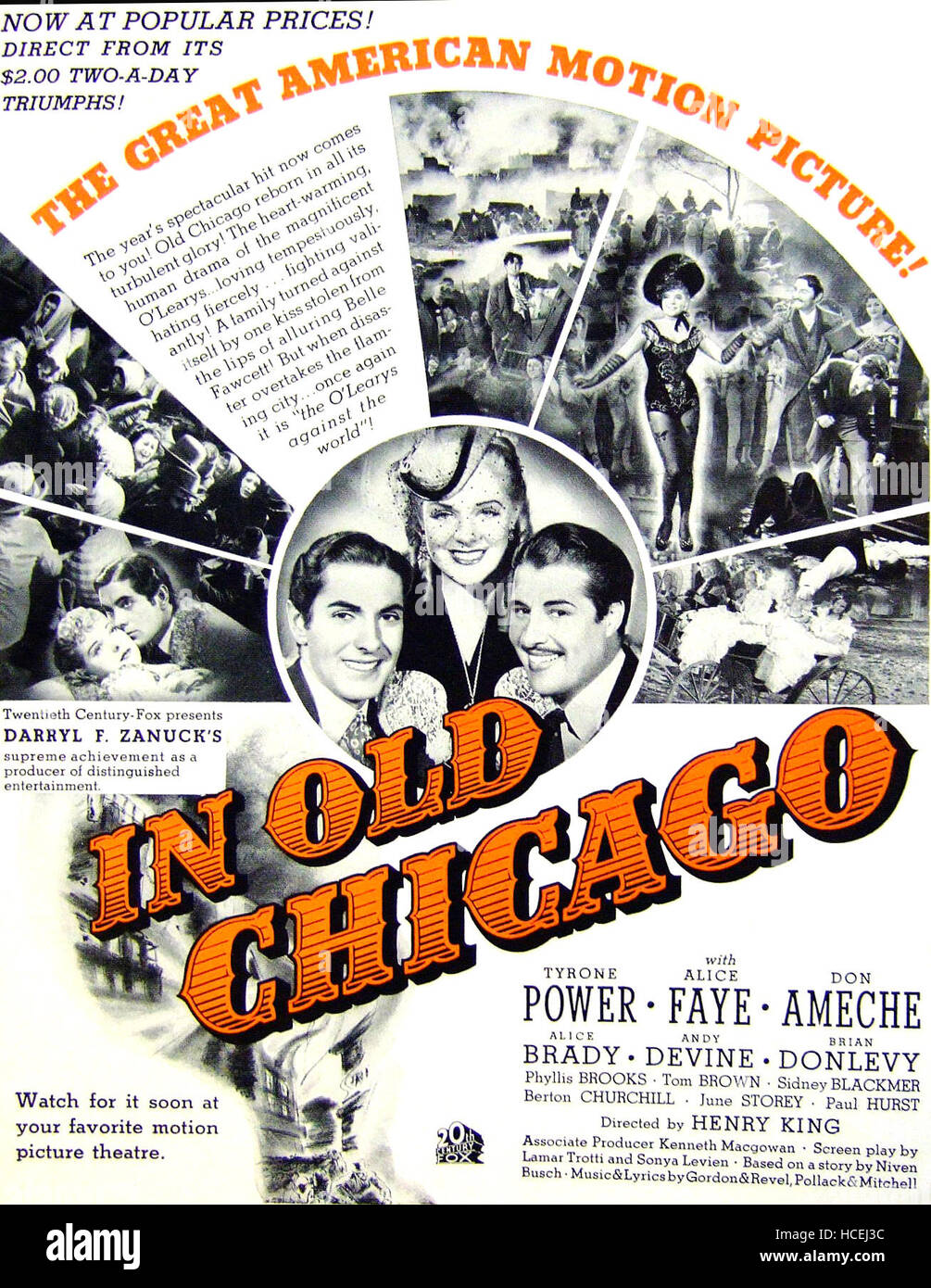 IN OLD CHICAGO, Magazine advertisement, from left, center, Tyrone Power ...