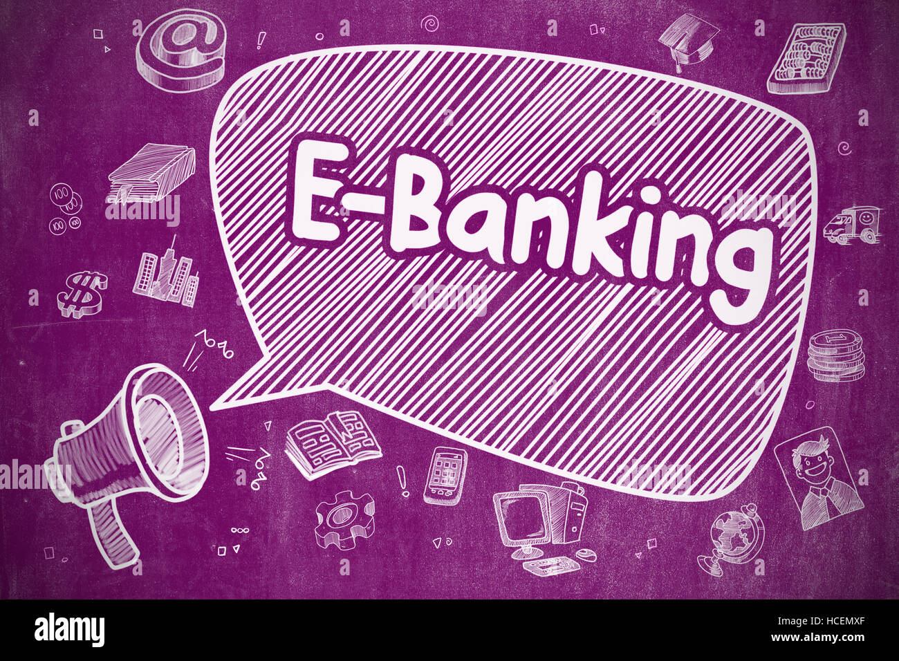 E-Banking - Doodle Illustration on Purple Chalkboard Stock Photo - Alamy