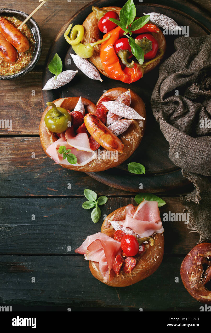 Variety of meat snacks in pretzels Stock Photo - Alamy