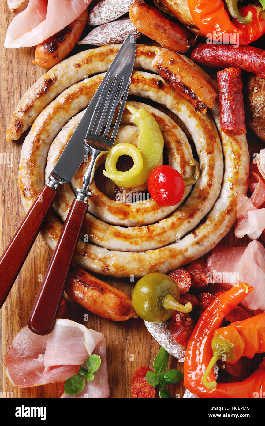 Variety of meat snacks in pretzels Stock Photo - Alamy