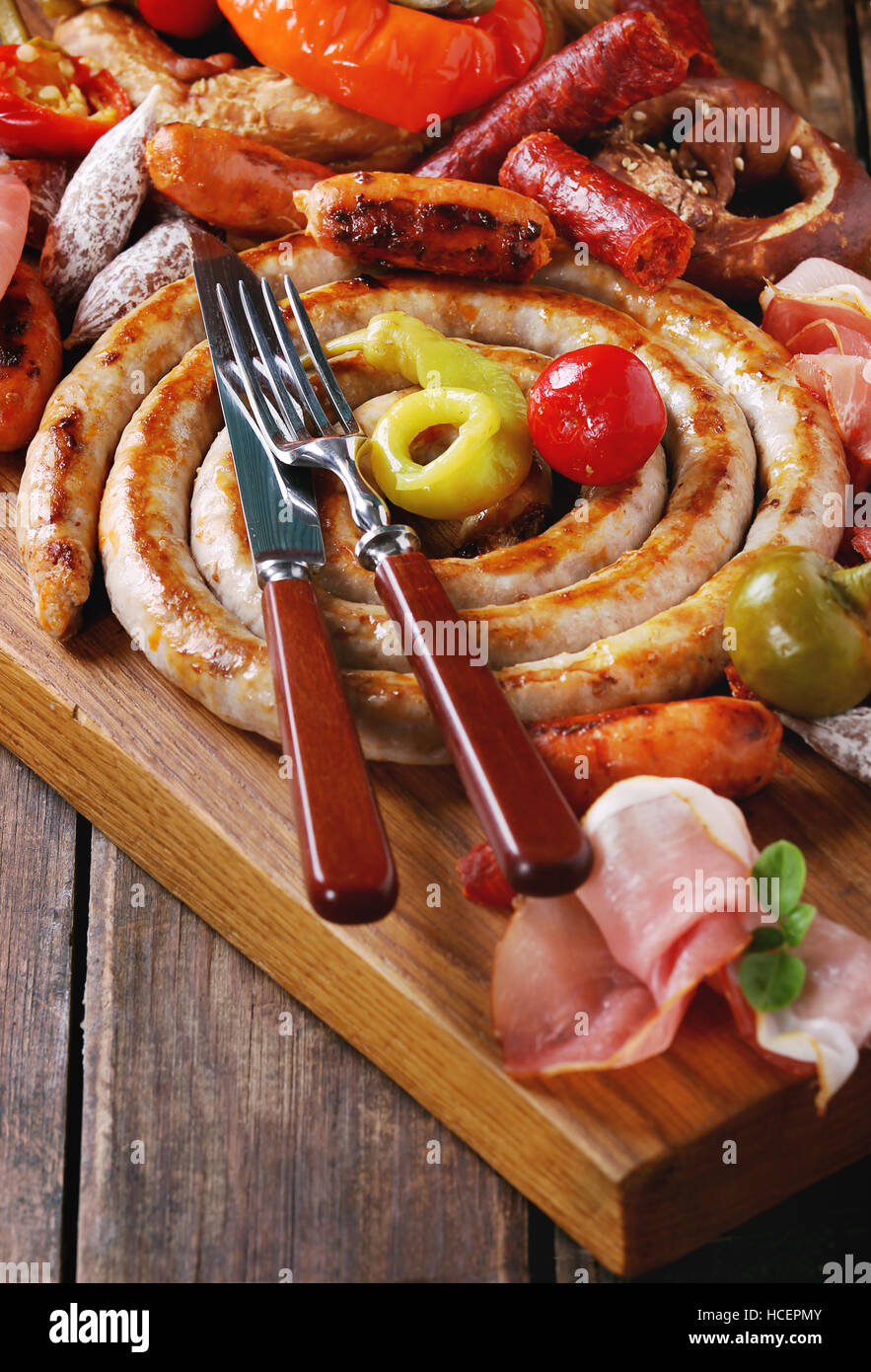 Variety of meat snacks in pretzels Stock Photo - Alamy