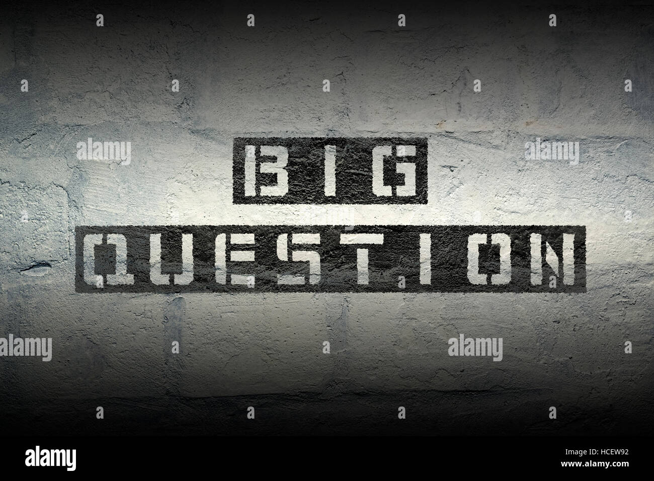 big question stencil print on the grunge white brick wall Stock Photo ...