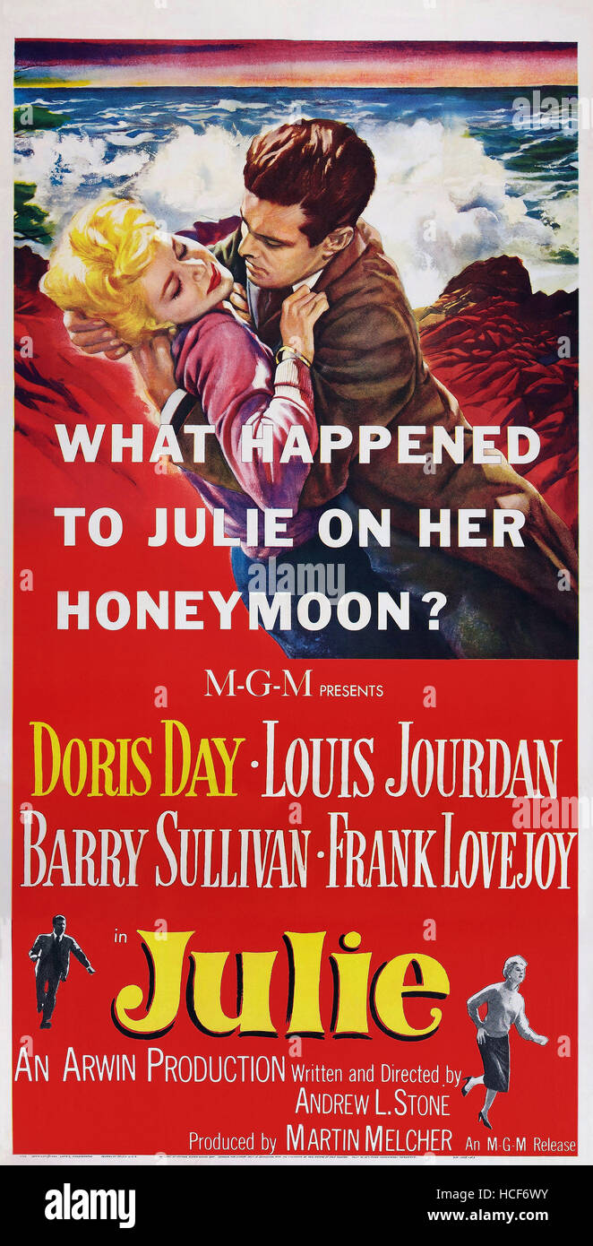 JULIE, US poster art, from left: Doris Day, Louis Jourdan, 1956 Stock ...