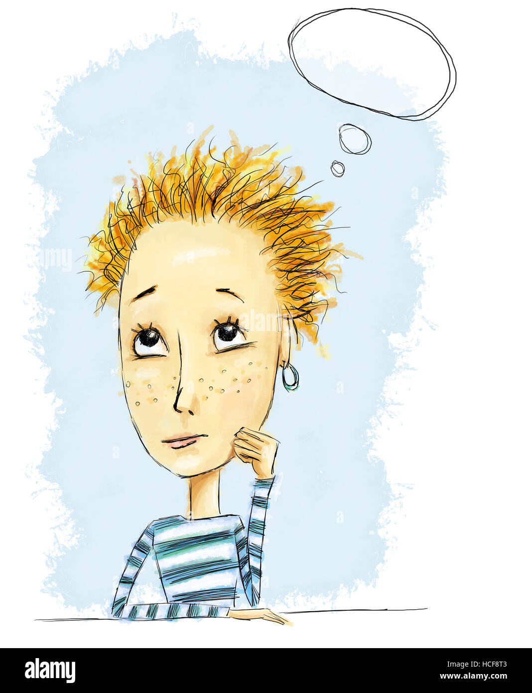 funny red-haired cartoon girl thinking of something intriguing Stock ...