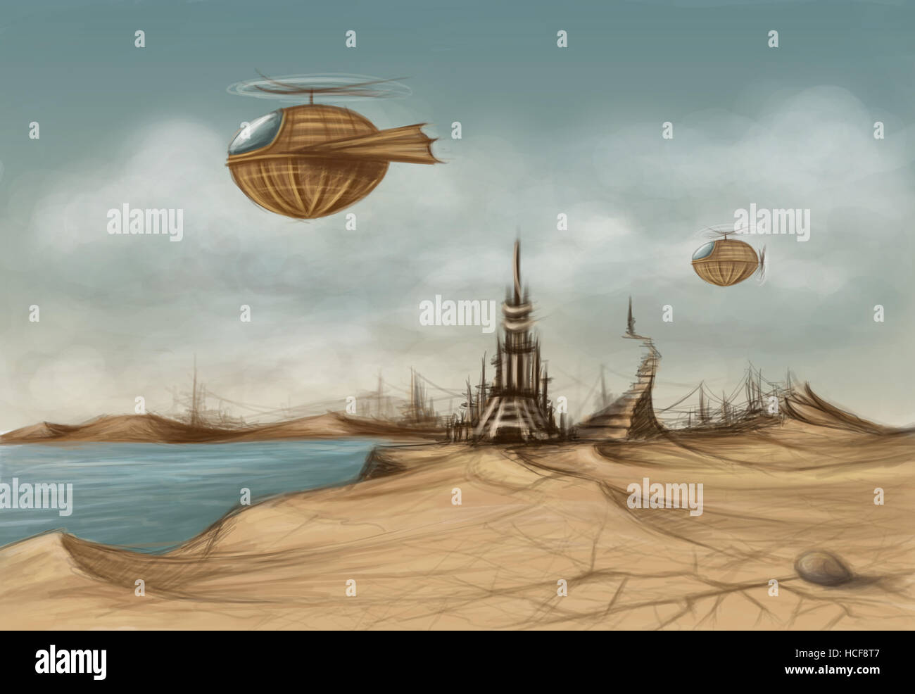 fantasy landscape with a decaying tower and dirigibles in the sky Stock ...