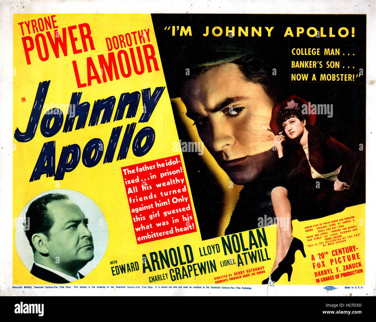 JOHNNY APOLLO, Edward Arnold, Tyrone Power, Dorothy Lamour, 1940 Stock ...