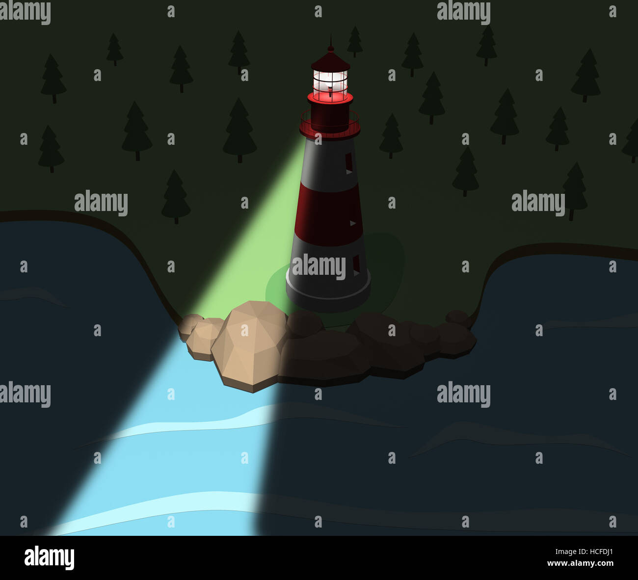 Lighthouse on the coast in the night. 3d illustration. cartoon Stock ...