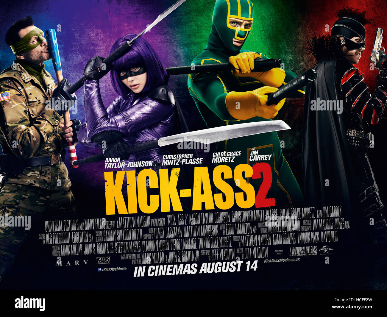 KICK-ASS 2, British poster art, from left: Jim Carrey, Chloe Grace Moretz, Aaron Taylor-Johnson ...