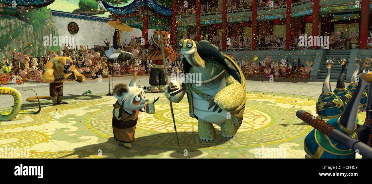 KUNG FU PANDA, front, from left: Shifu (voice: Dustin Hoffman), Oogway ...