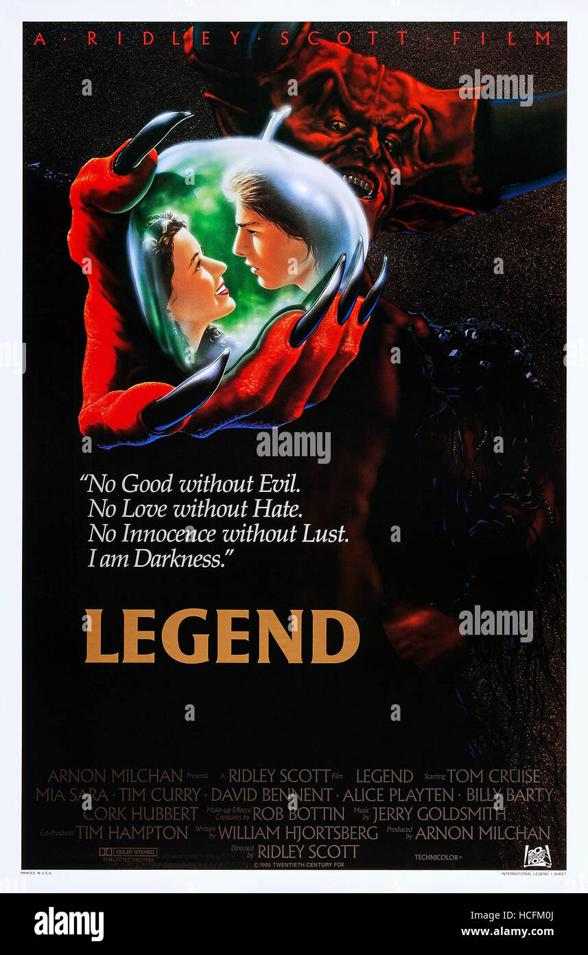 LEGEND, US poster art, from top: Tim Curry, Tom Cruise, Mia Sara, 1985 ...