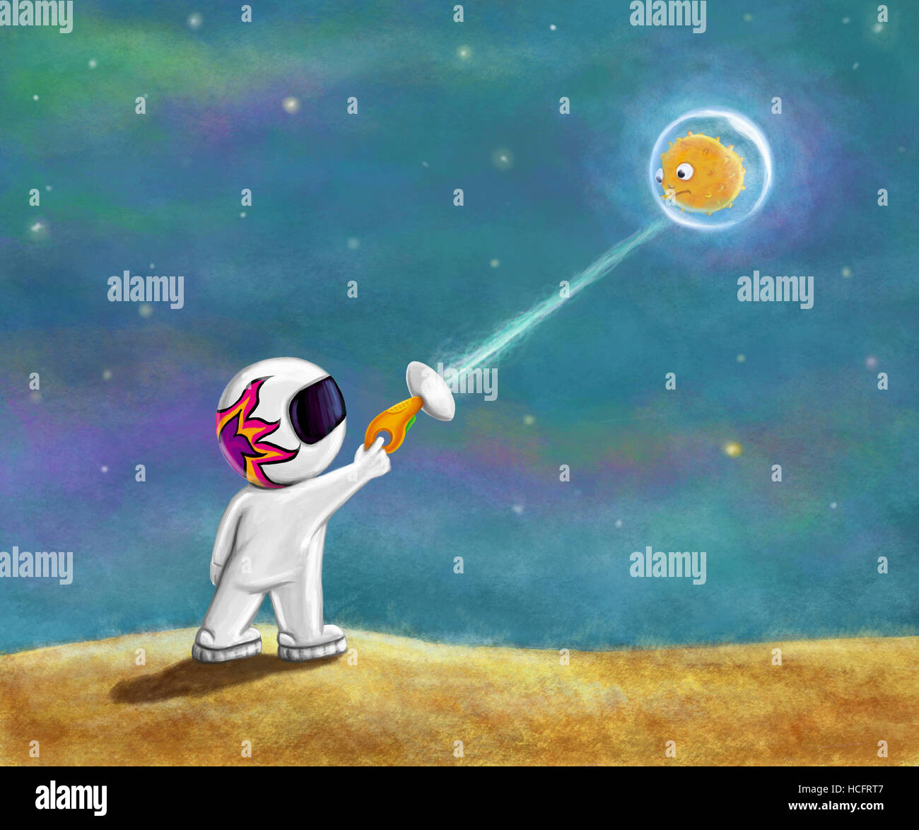 space kid in white suit shooting strange creature in bubble Stock Photo ...