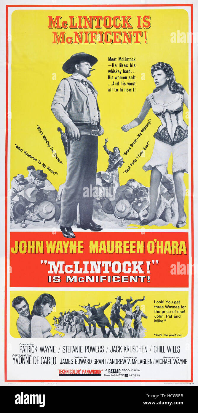 MCLINTOCK!, US poster art, top from left: John Wayne, Maureen O'Hara; bottom left: Patrick Wayne ...