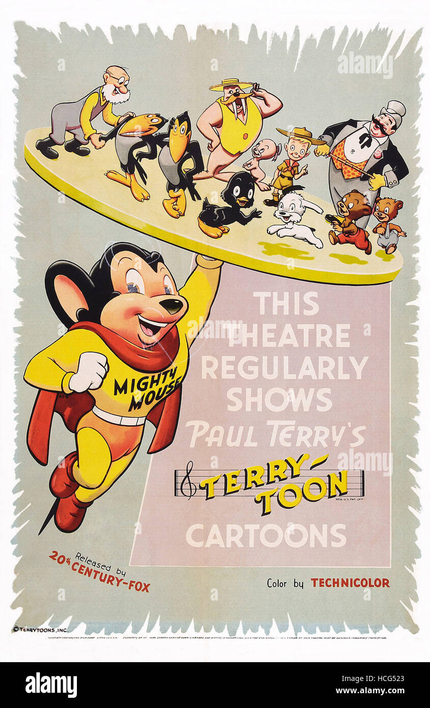 Terrytoons promotional poster. Bottom left: Mighty Mouse. On platter ...