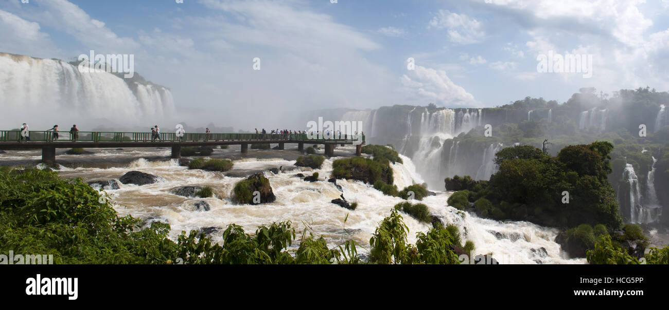 Iguazu: people on the walkway and panoramic view of the spectacular ...