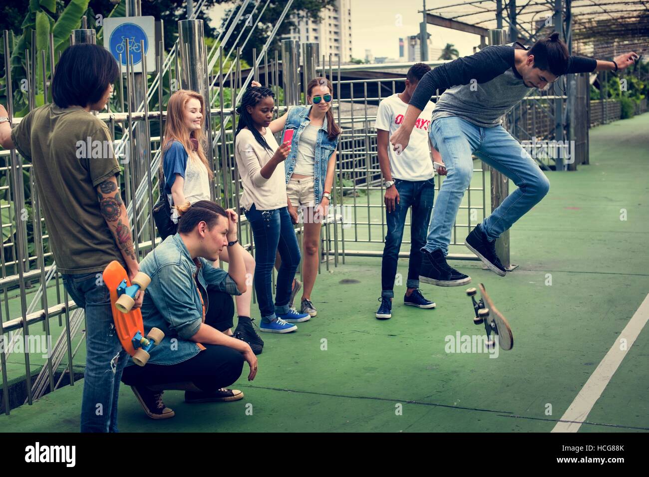 Diverse Group People Skateboard Park Concept Stock Photo - Alamy