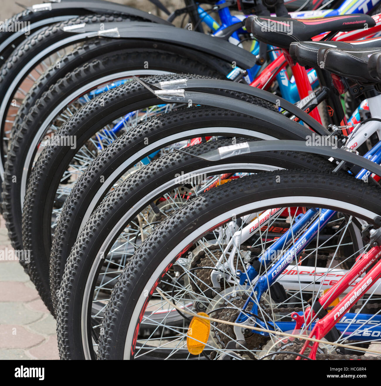 number of bicycle wheels outdoor Stock Photo - Alamy