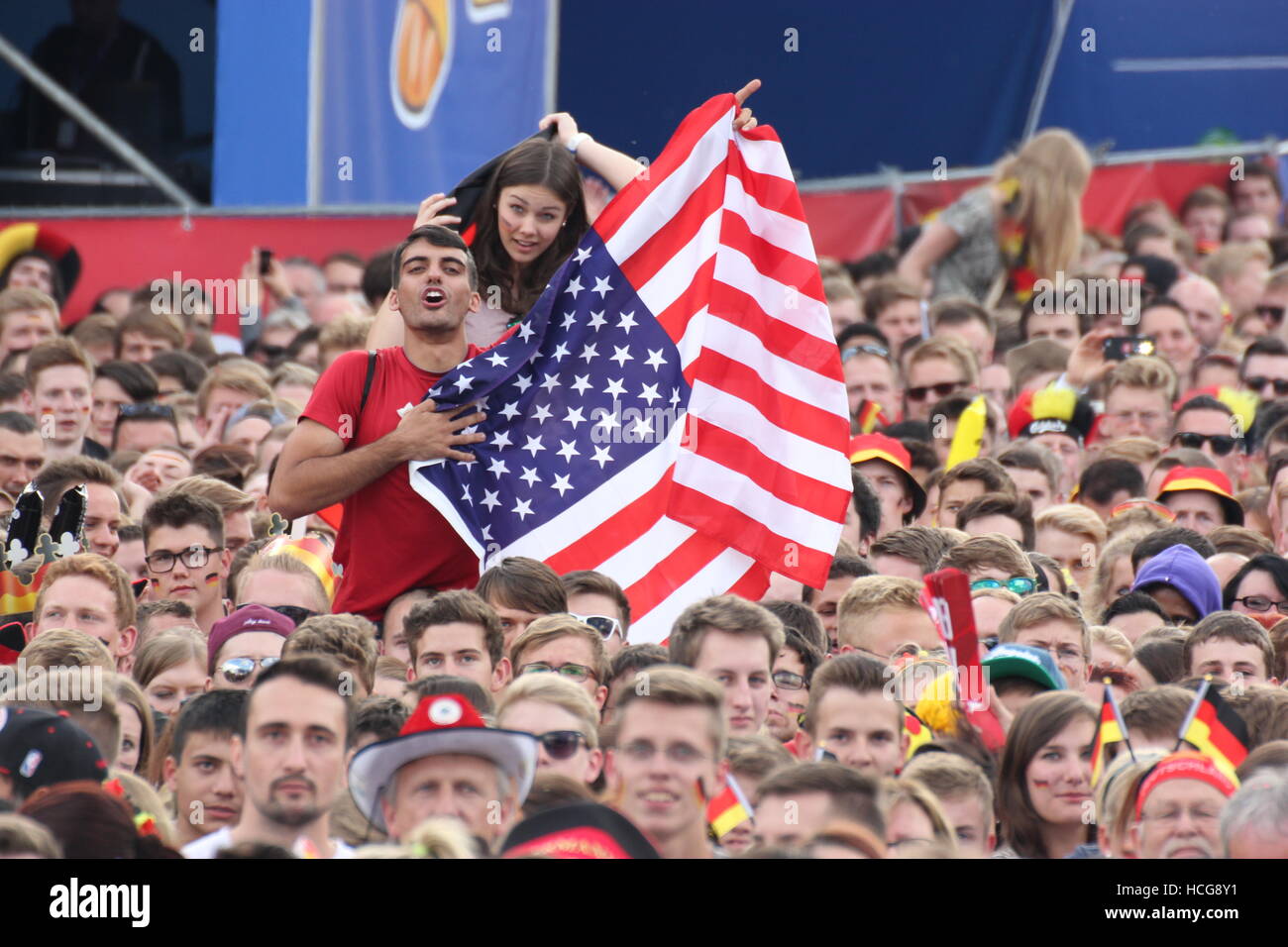 Fans watch FIFA Worldcup on large screen at Fan Mile Berlin on July ...