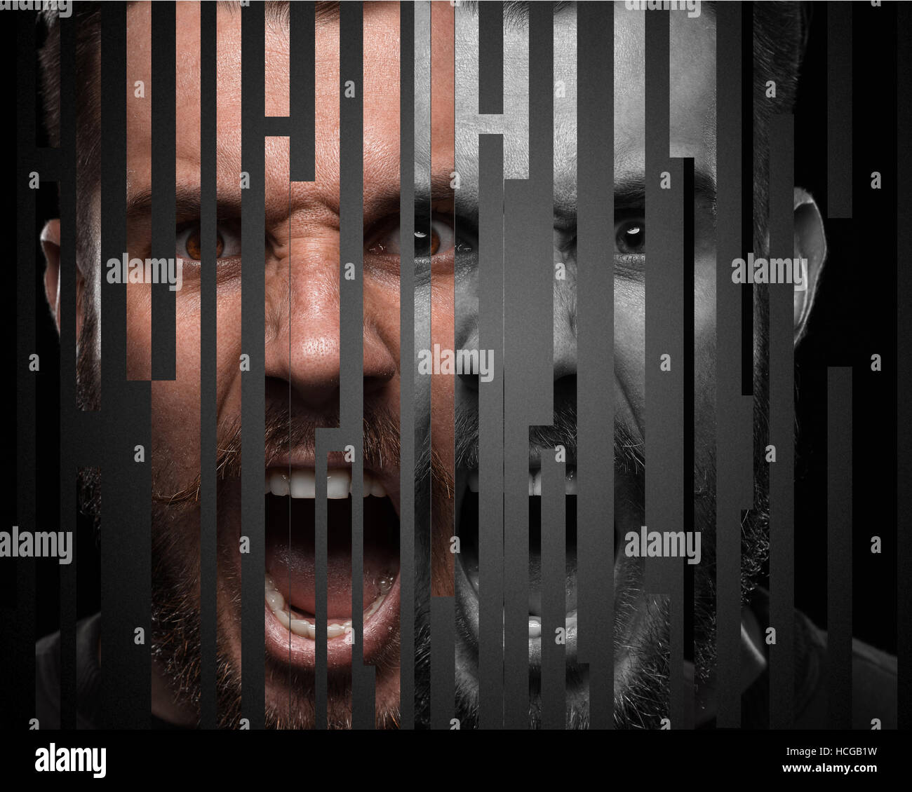 Man is looking scared. Over gray background. Collage Stock Photo - Alamy