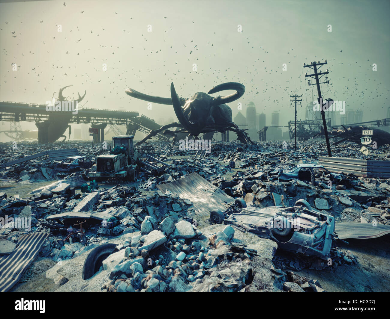 Ruined city by giant insects. Apocalyptic fantasy concept. 3D rendering ...