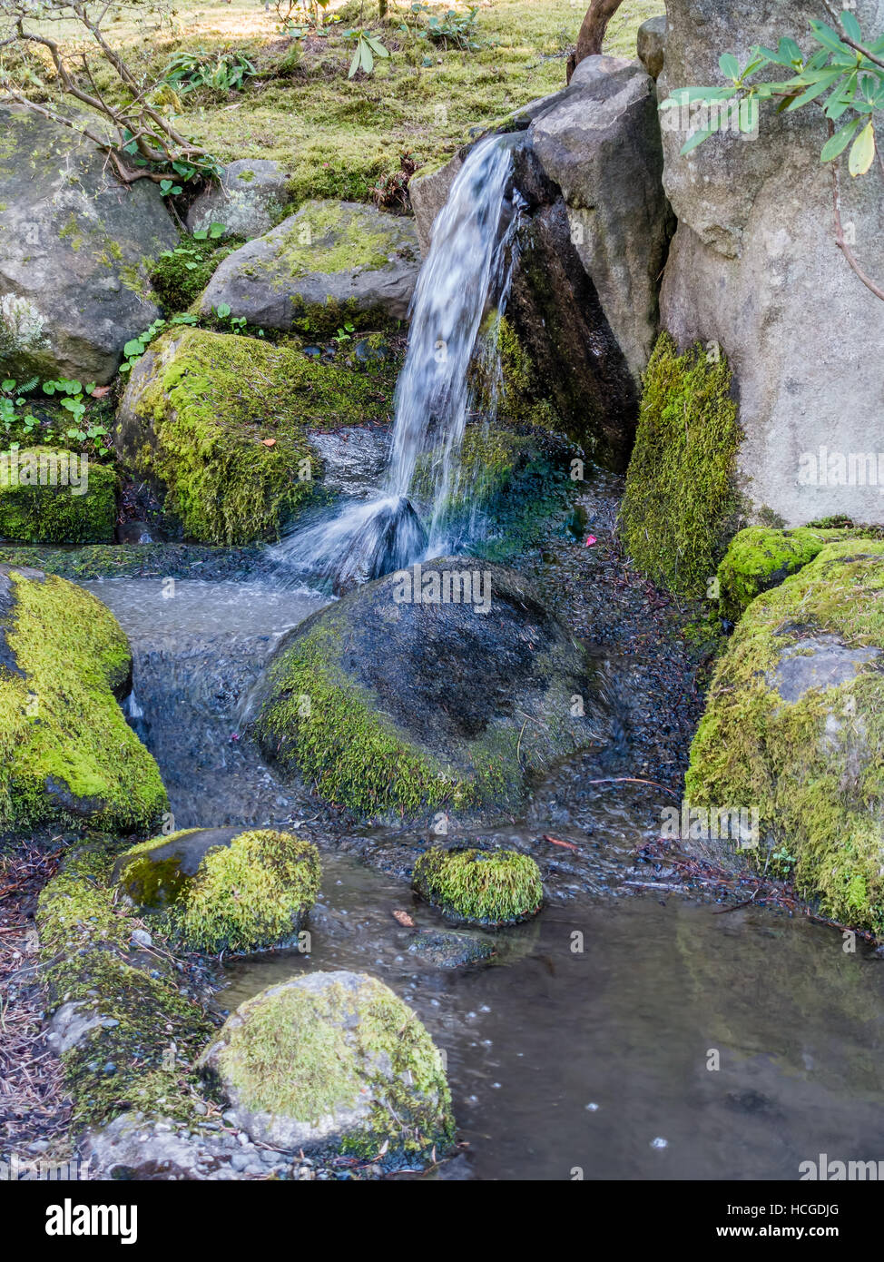 Water rushes over rocks creating a small waterfall. Location is Seattle ...