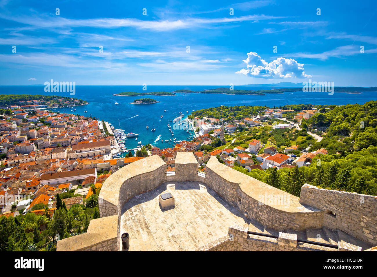 Island of Hvar and Paklinski islands panoramic aerial view from hill ...