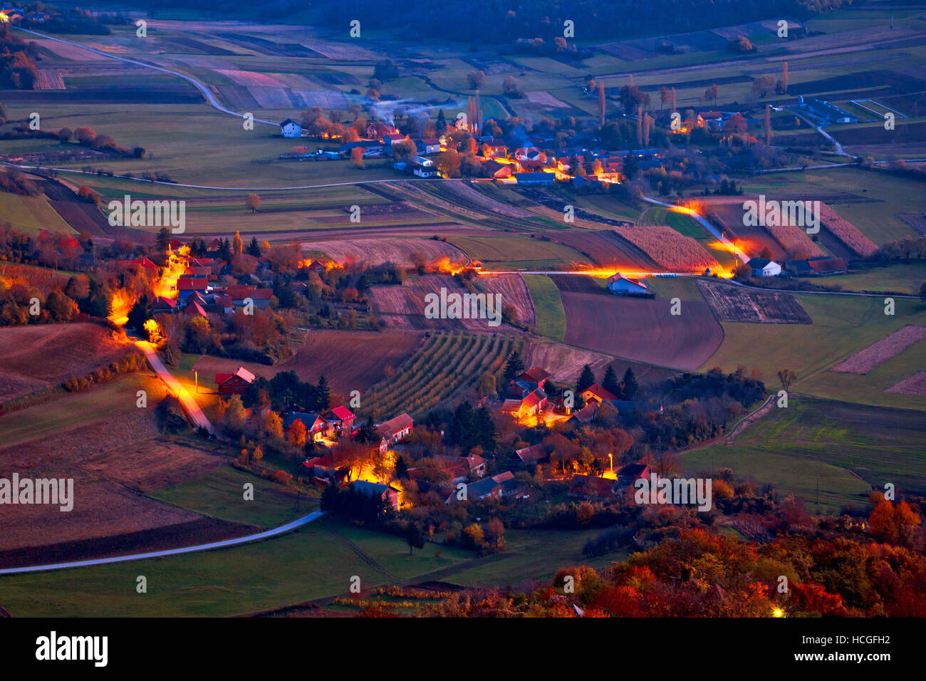 Picturesque Prigorje village evening aerial view, Kalnik region of ...