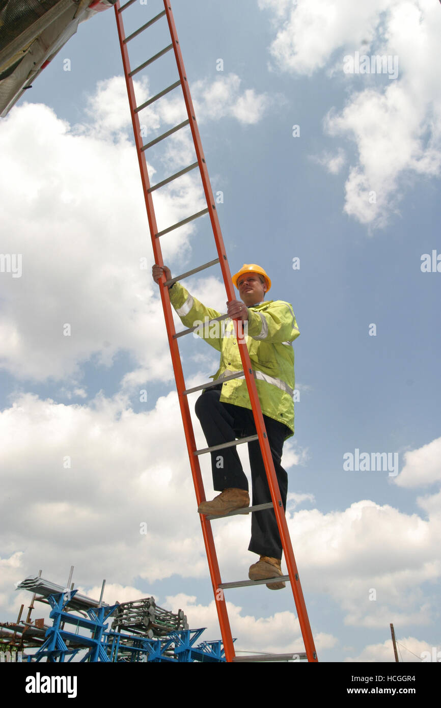 Worker Climbing Ladder