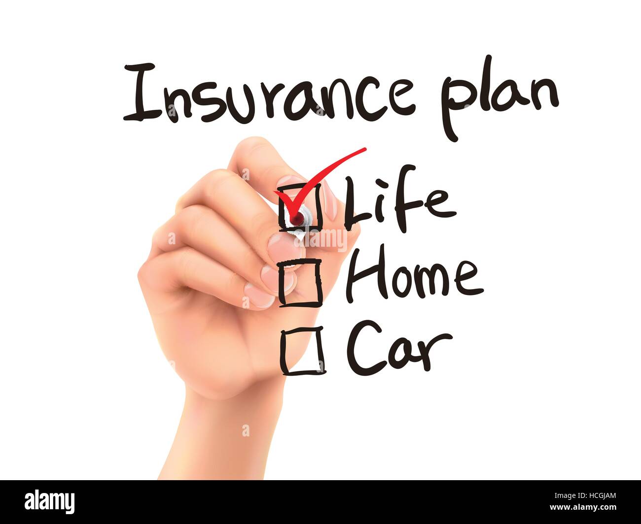 insurance plan checklist checking by 3d hand over white background ...