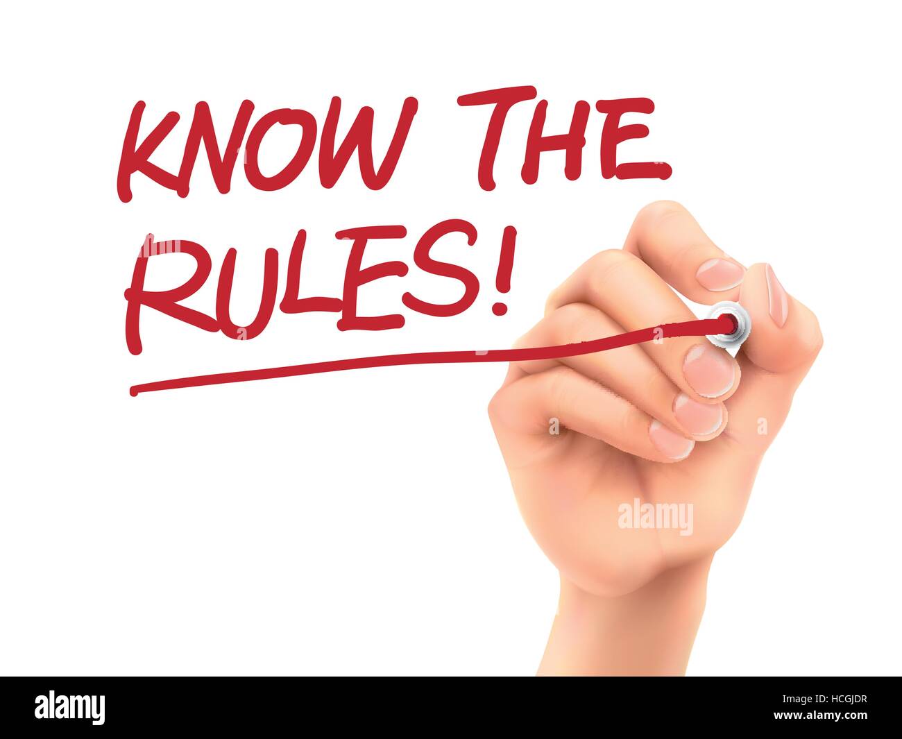 know the rules words written by 3d hand over white background Stock ...