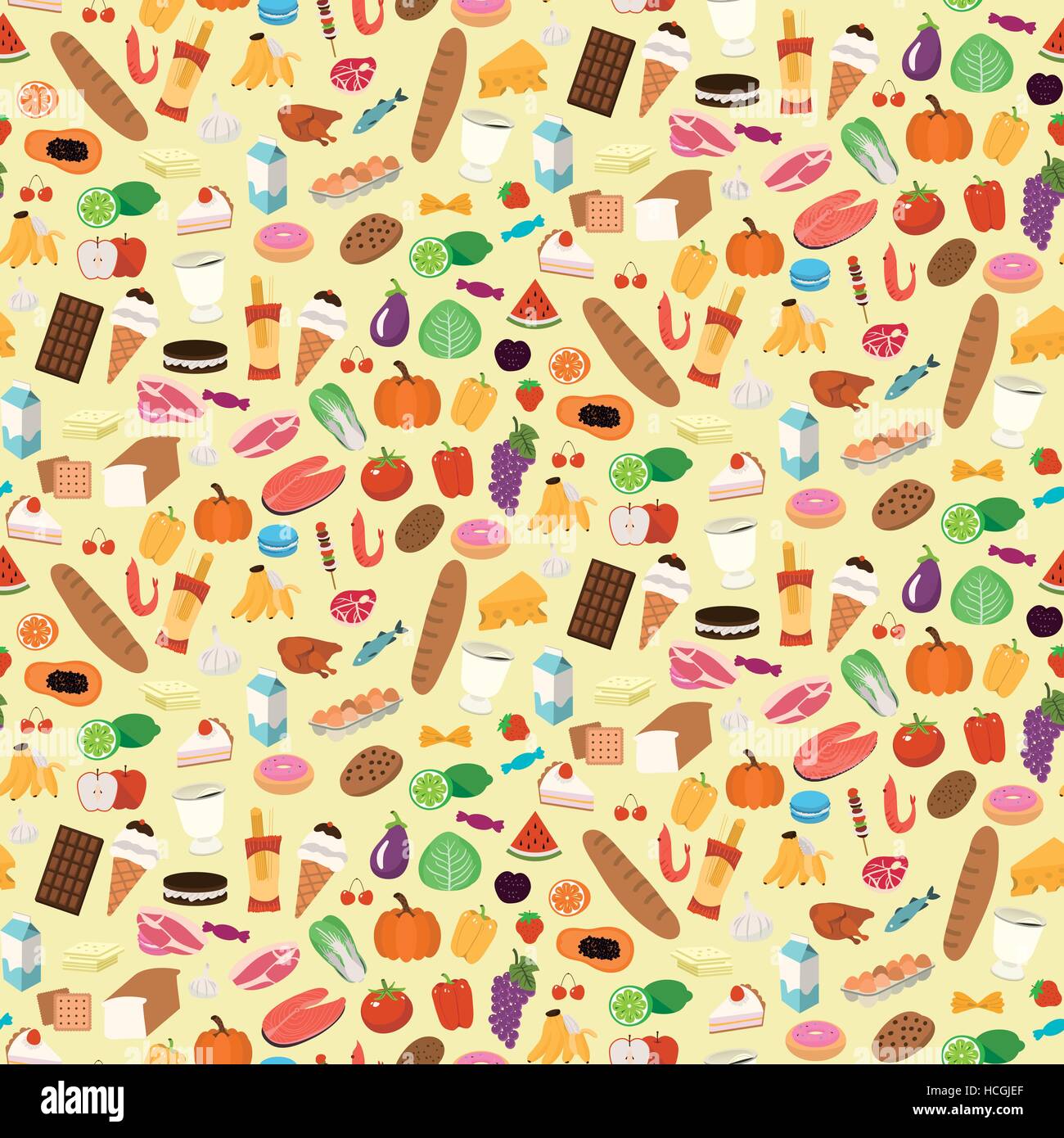 Seamless pattern of foodstuff on yellow background in flat design style ...