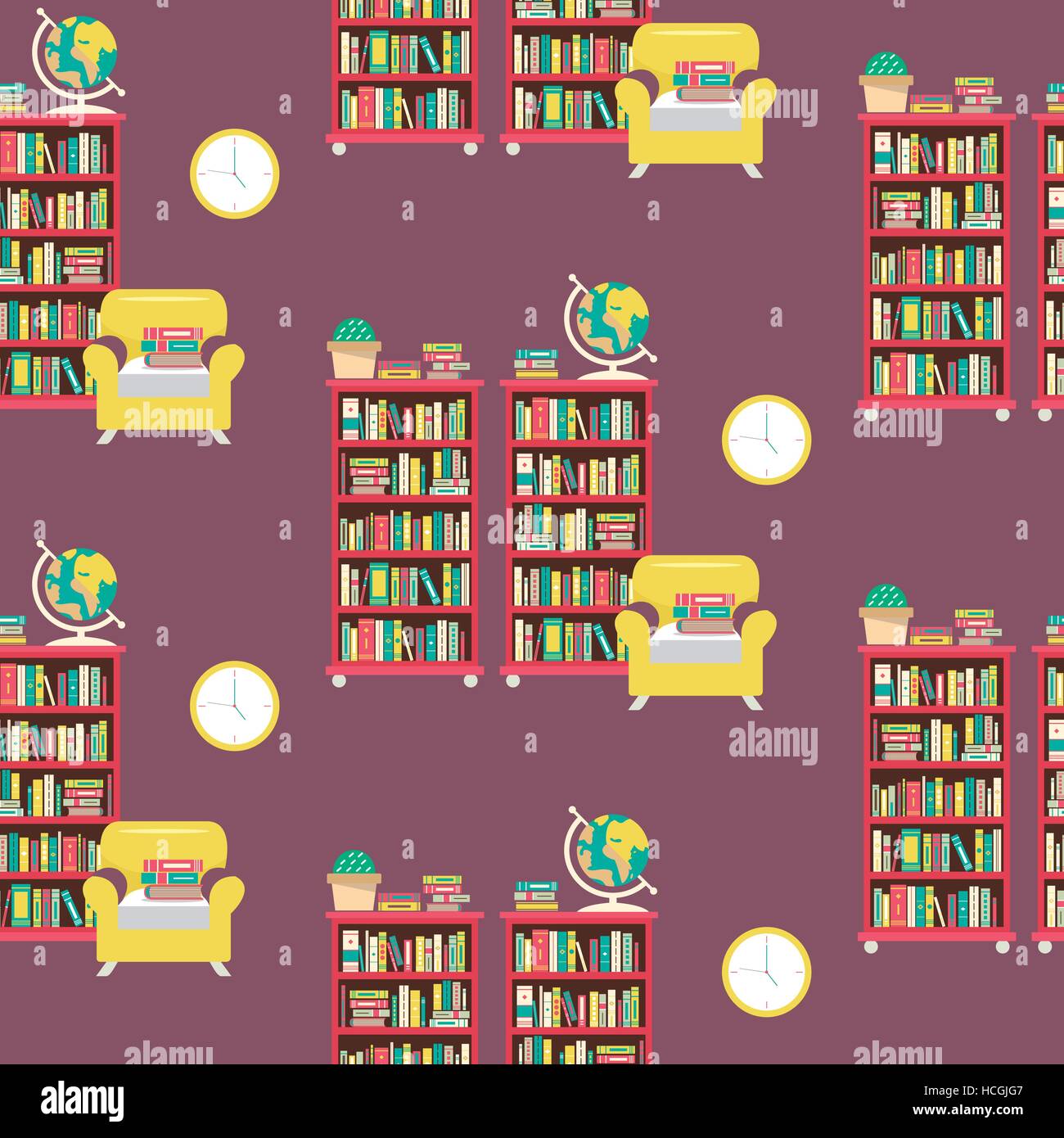 Library scene illustration in flat design style with bookshelves Stock ...