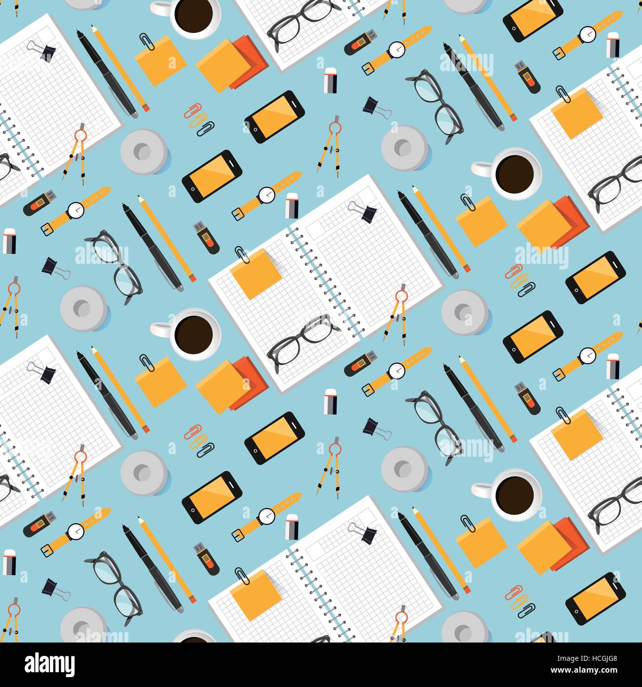 Seamless pattern of workplace objects in flat design style over blue ...