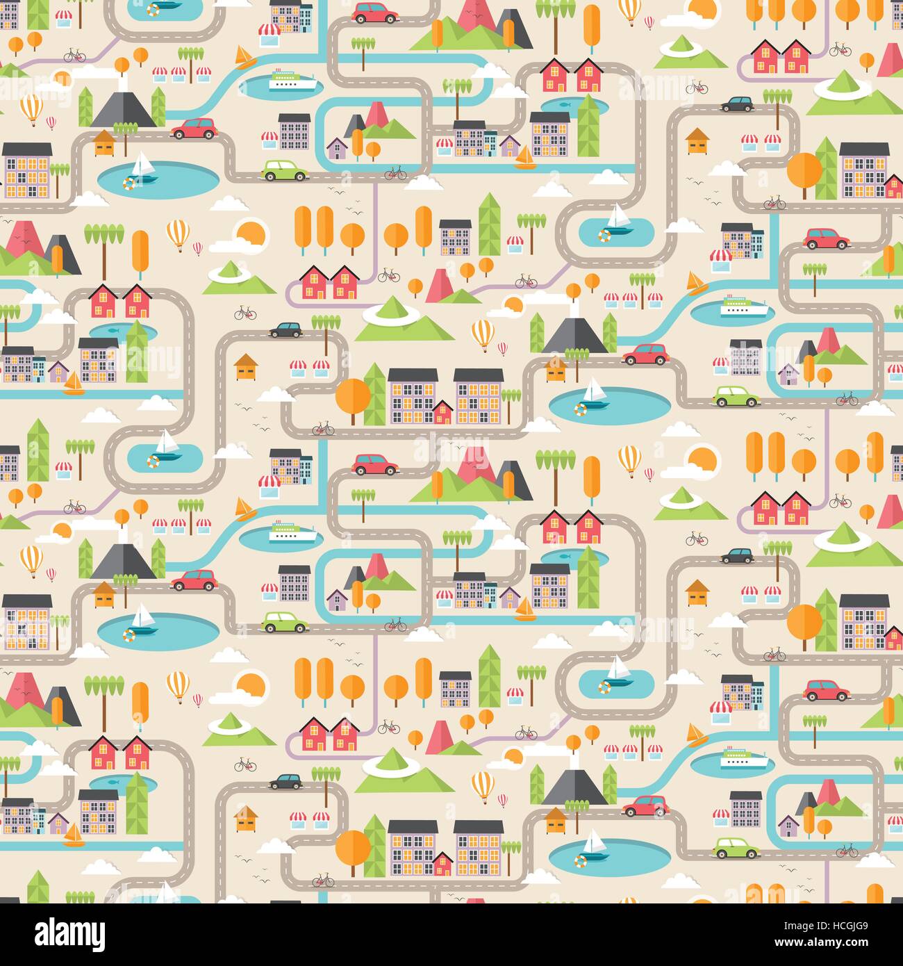 Seamless patter of cartoon downtown illustration in flat line style ...