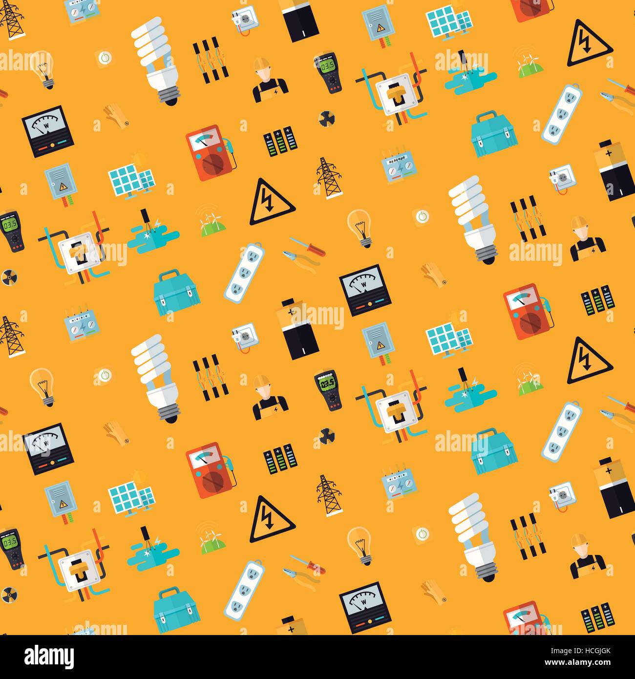 Seamless pattern of electricity related flat icons set over yellow ...