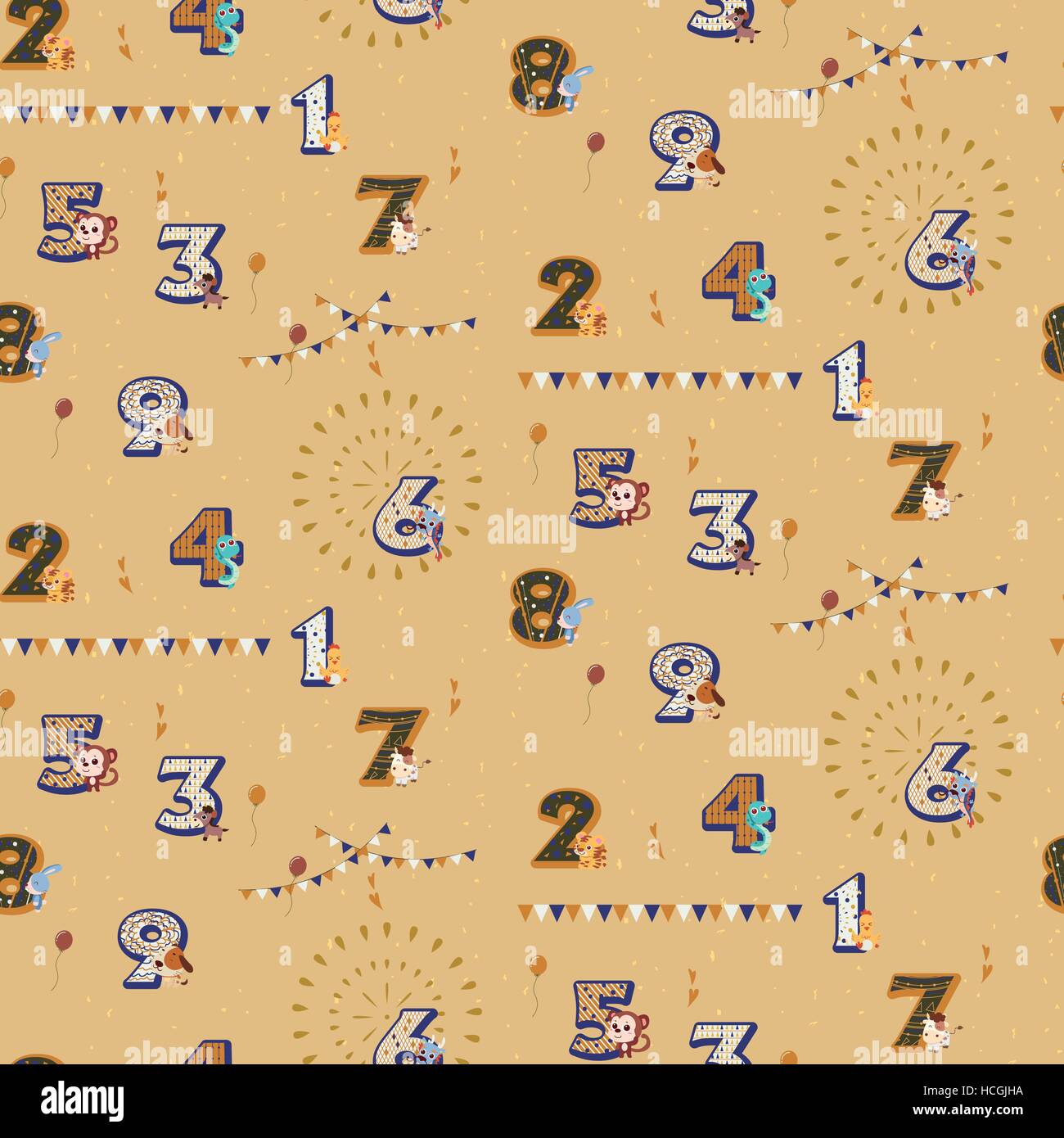 Seamless pattern of figures set with cartoon animals on beige ...