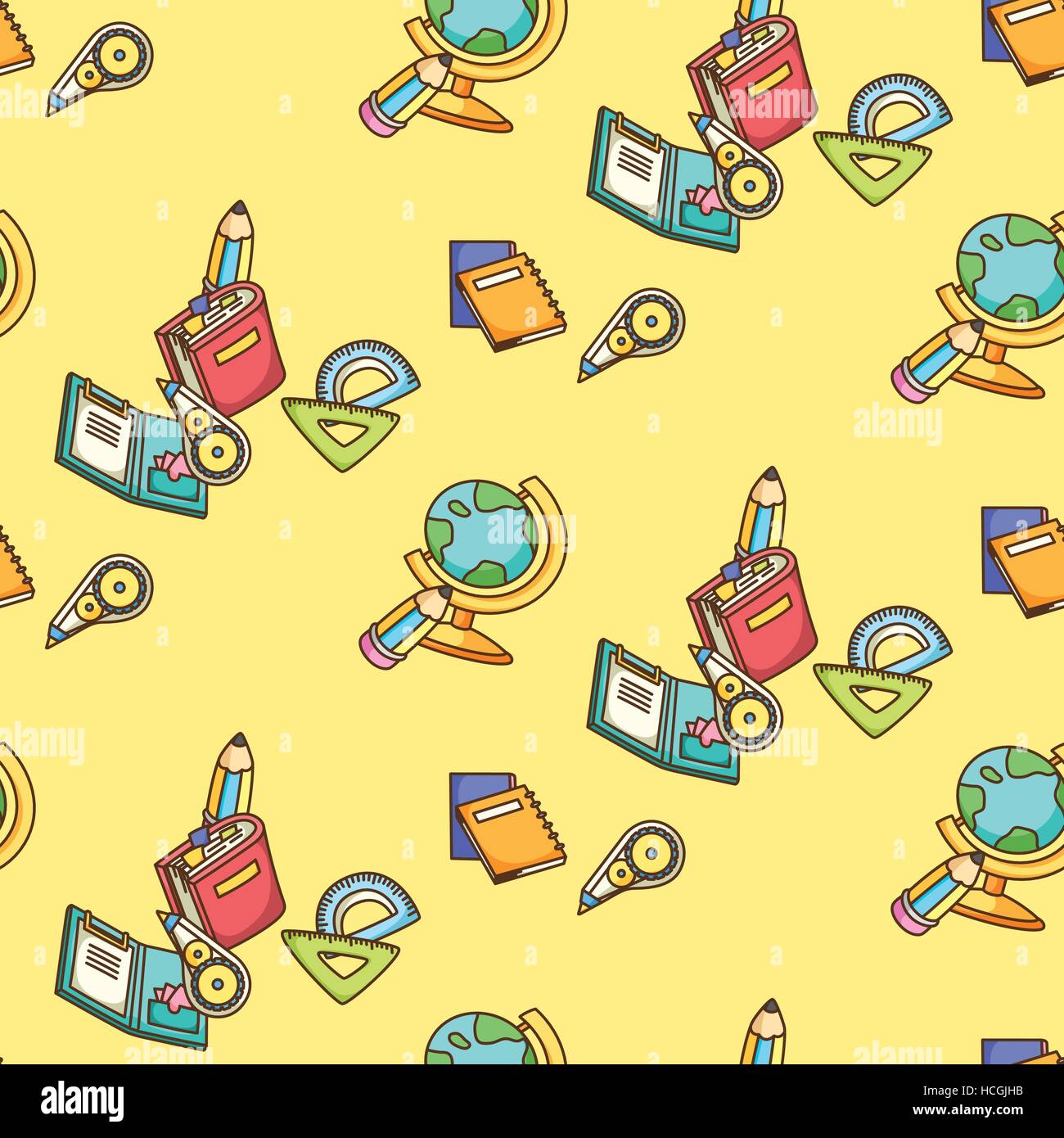 Set of different school items in seamless pattern on yellow background ...