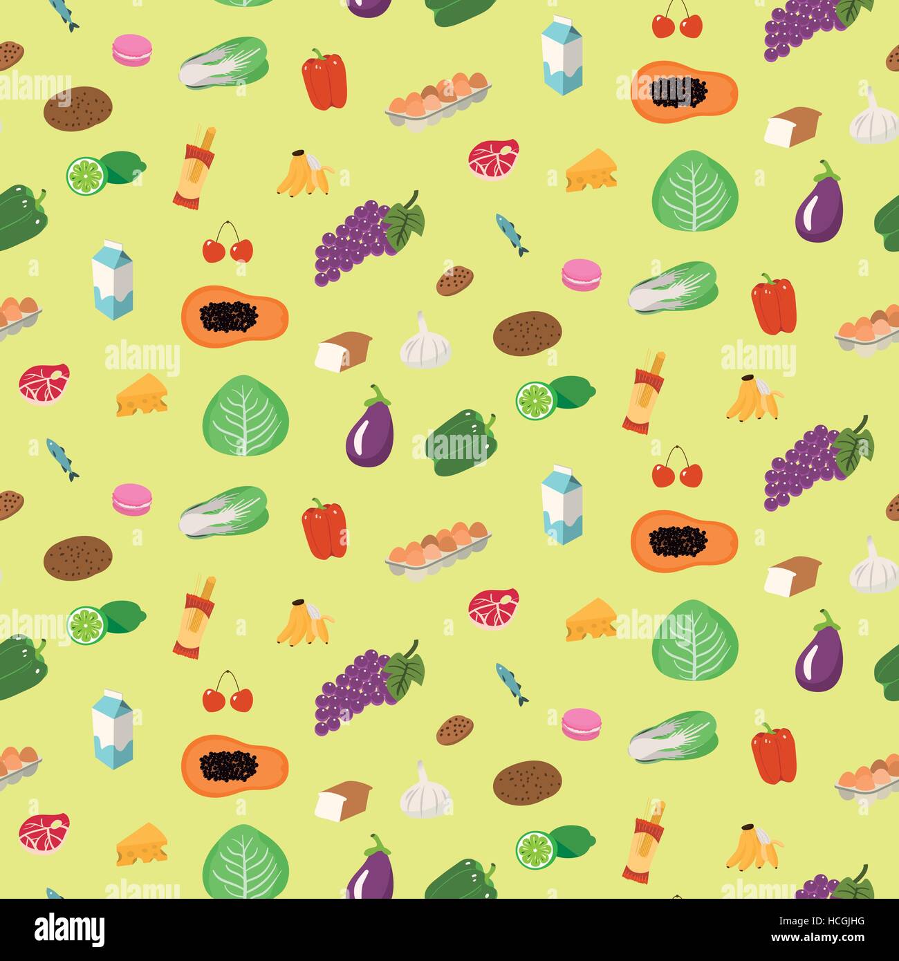 Seamless pattern of food items on yellow background in flat design ...