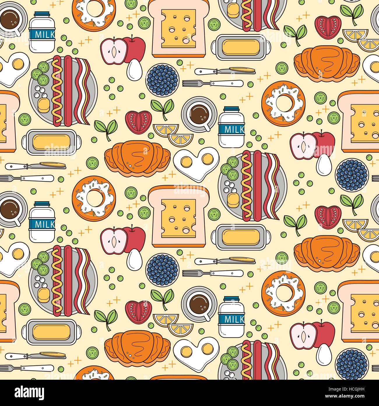 Seamless pattern of nutritious breakfast set in flat design Stock ...