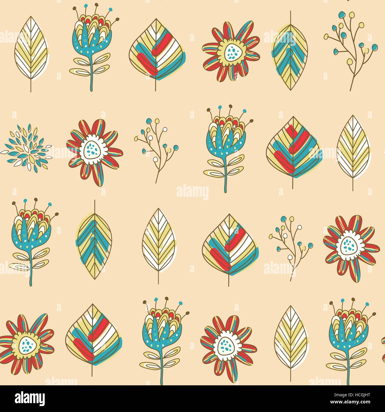 Colorful cartoon seamless pattern with flowers and leaves over beige ...