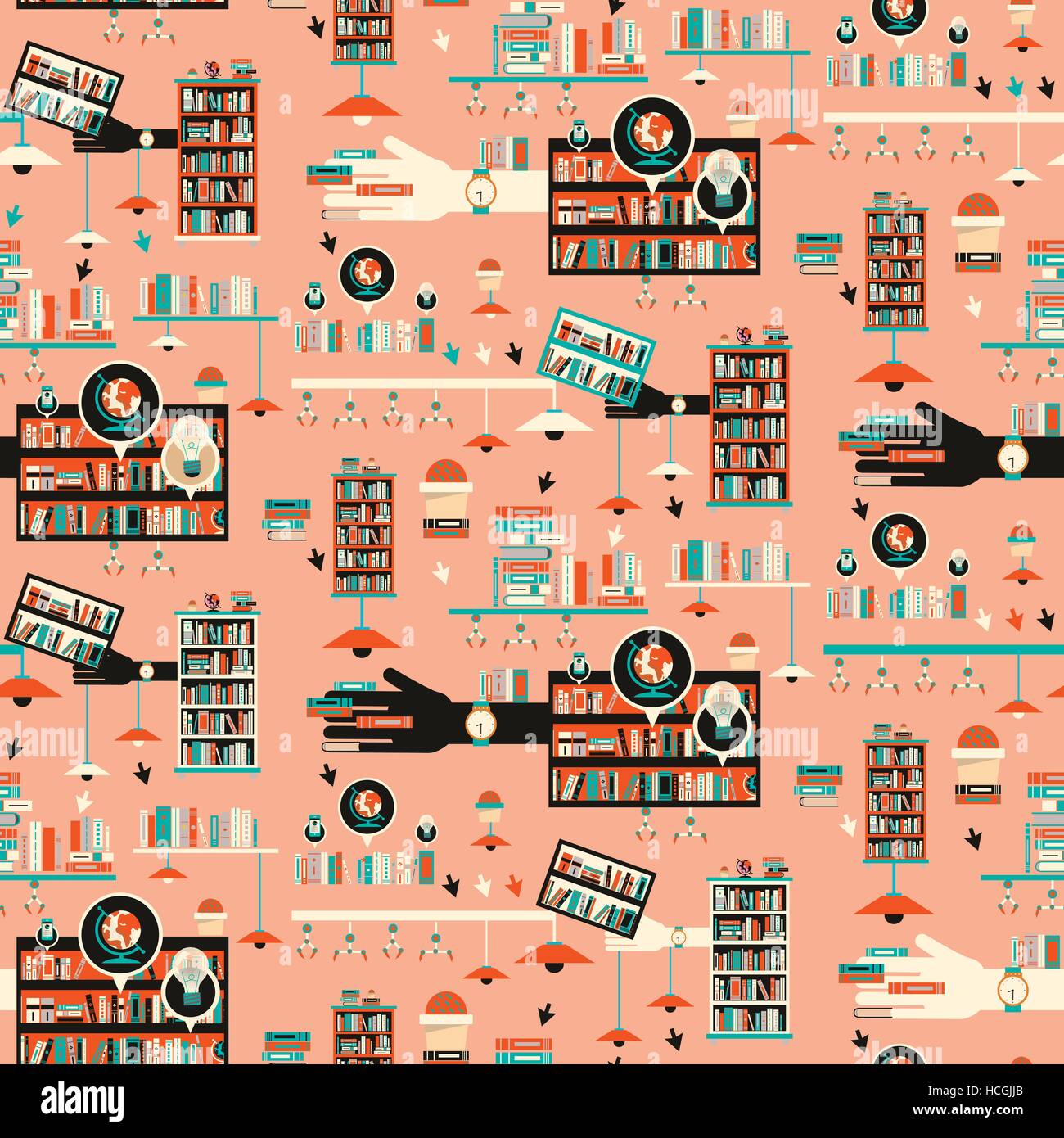 Library scene illustration in flat design style with bookshelves over ...