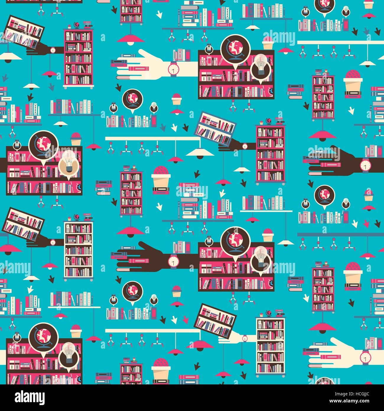 Library scene illustration in flat design style with bookshelves over ...