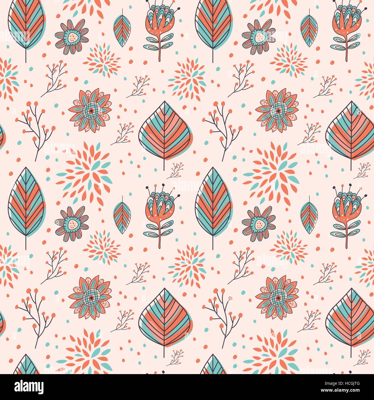 adorable cartoon seamless pattern with flowers and leaves Stock Vector ...