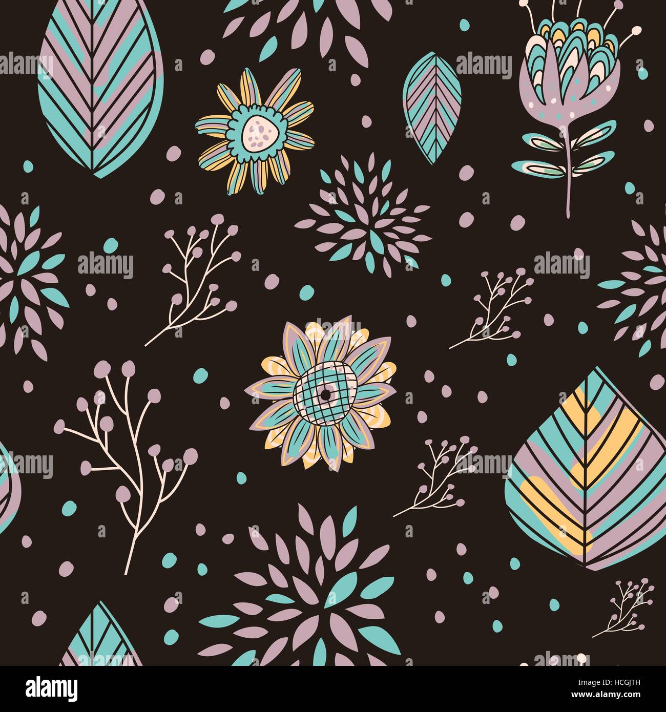 adorable cartoon seamless pattern with flowers and leaves Stock Vector ...