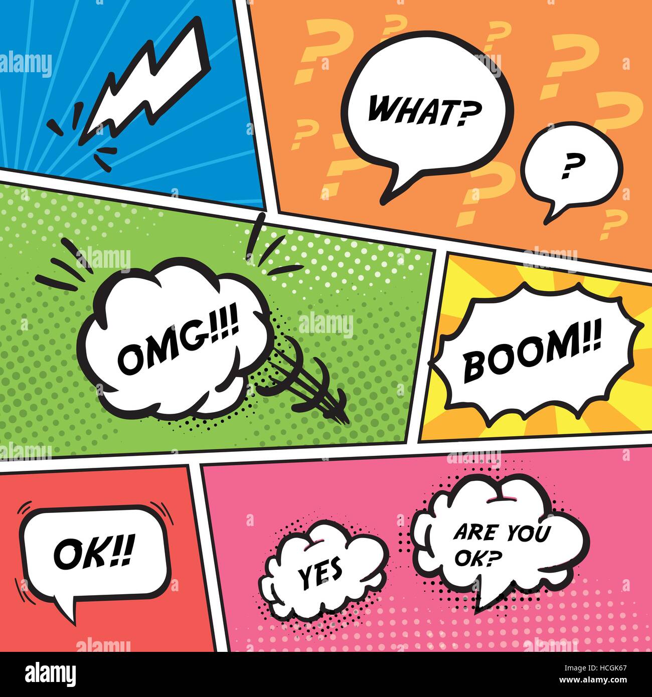 colorful comic speech bubbles set over comic blank pages Stock Vector ...