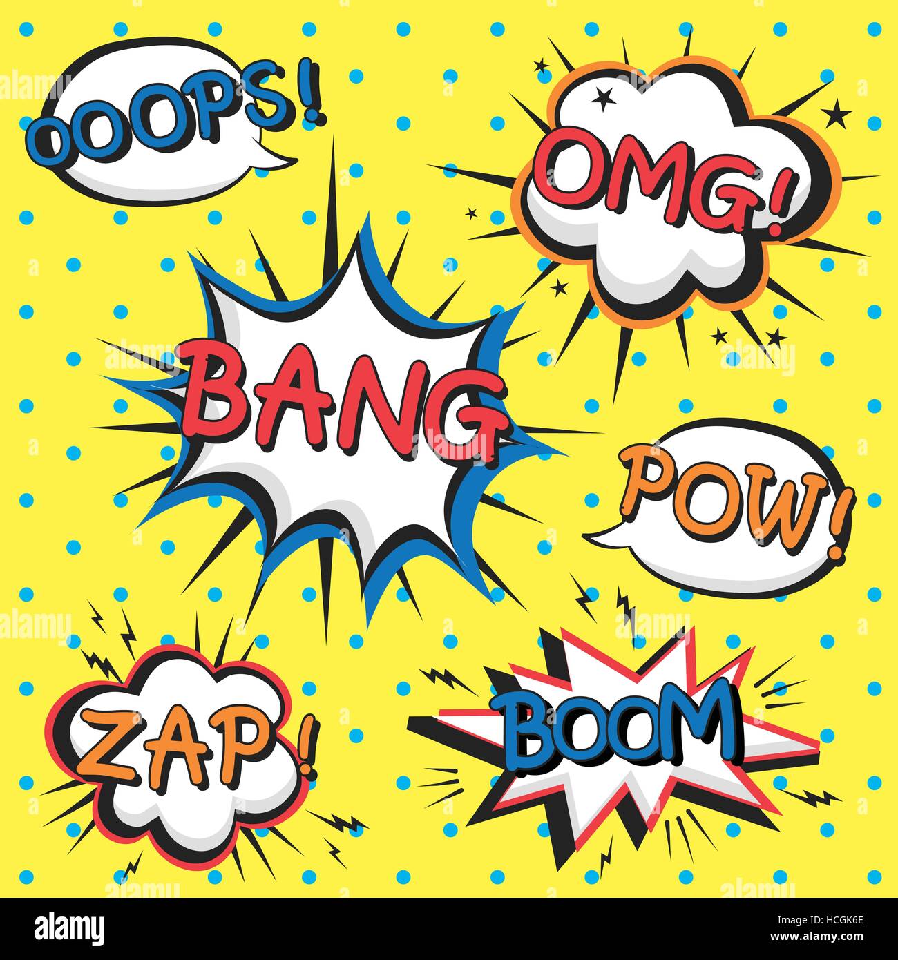attractive comic sound effect set isolated on red spotted yellow ...