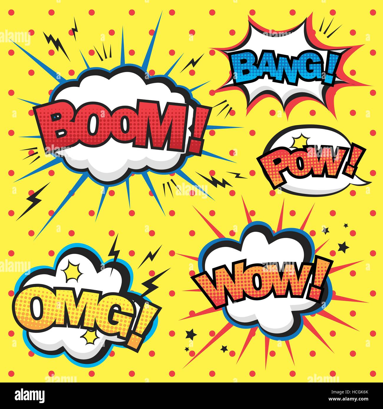attractive comic sound effect set isolated on red spotted yellow ...