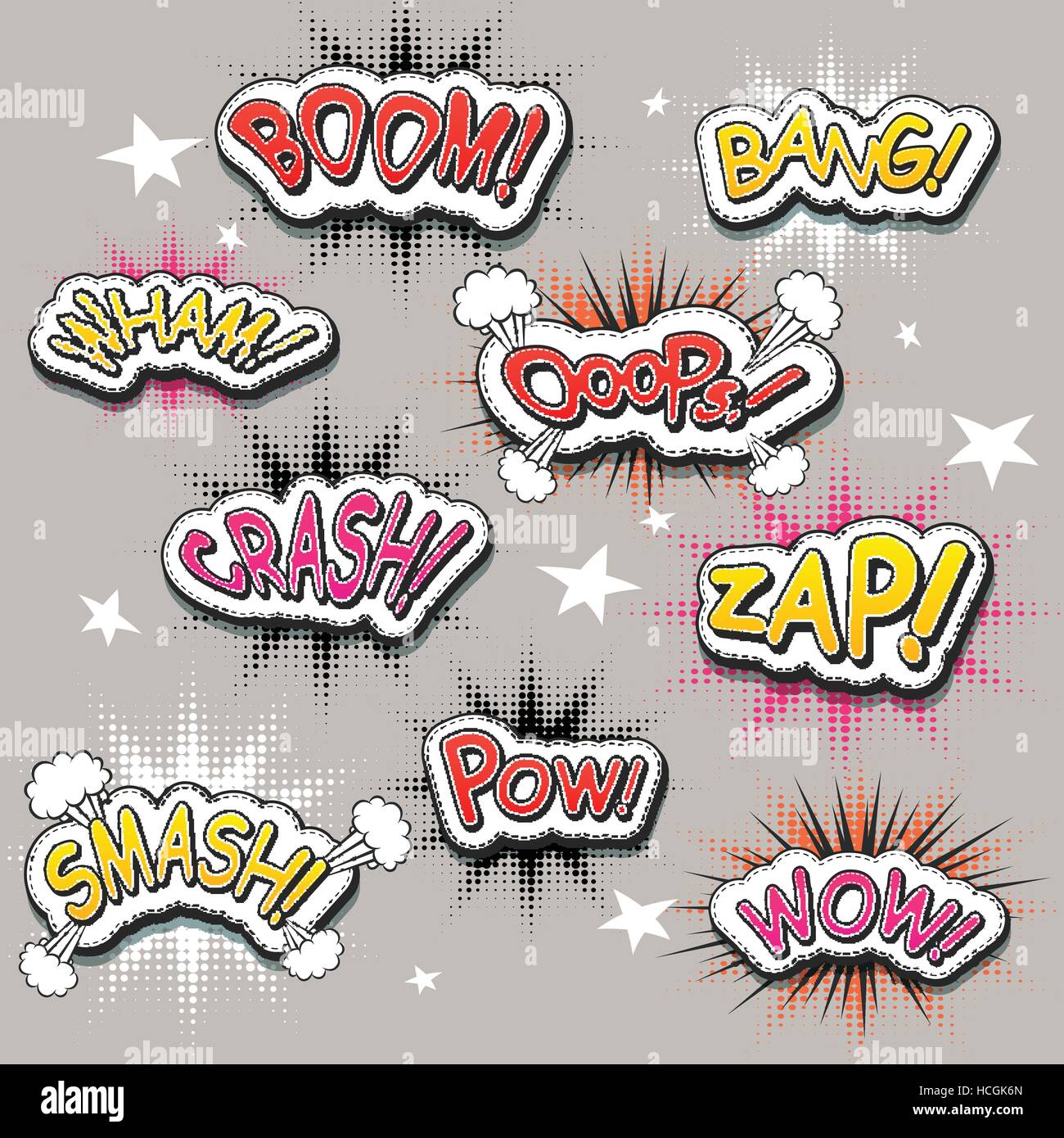 vivid colorful comic sound effects set over grey background Stock ...