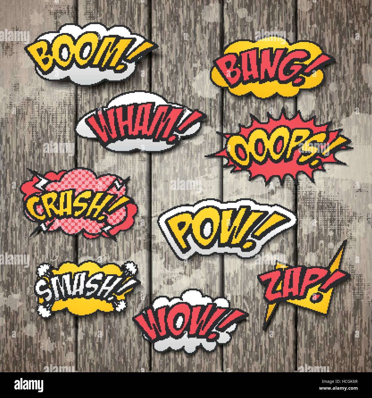 vivid colorful comic sound effects set over wooden background Stock ...