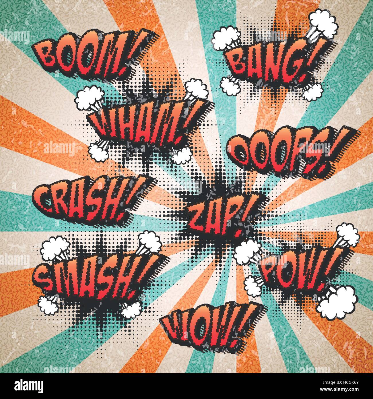 retro comic sound effects set over attractive striped background Stock ...